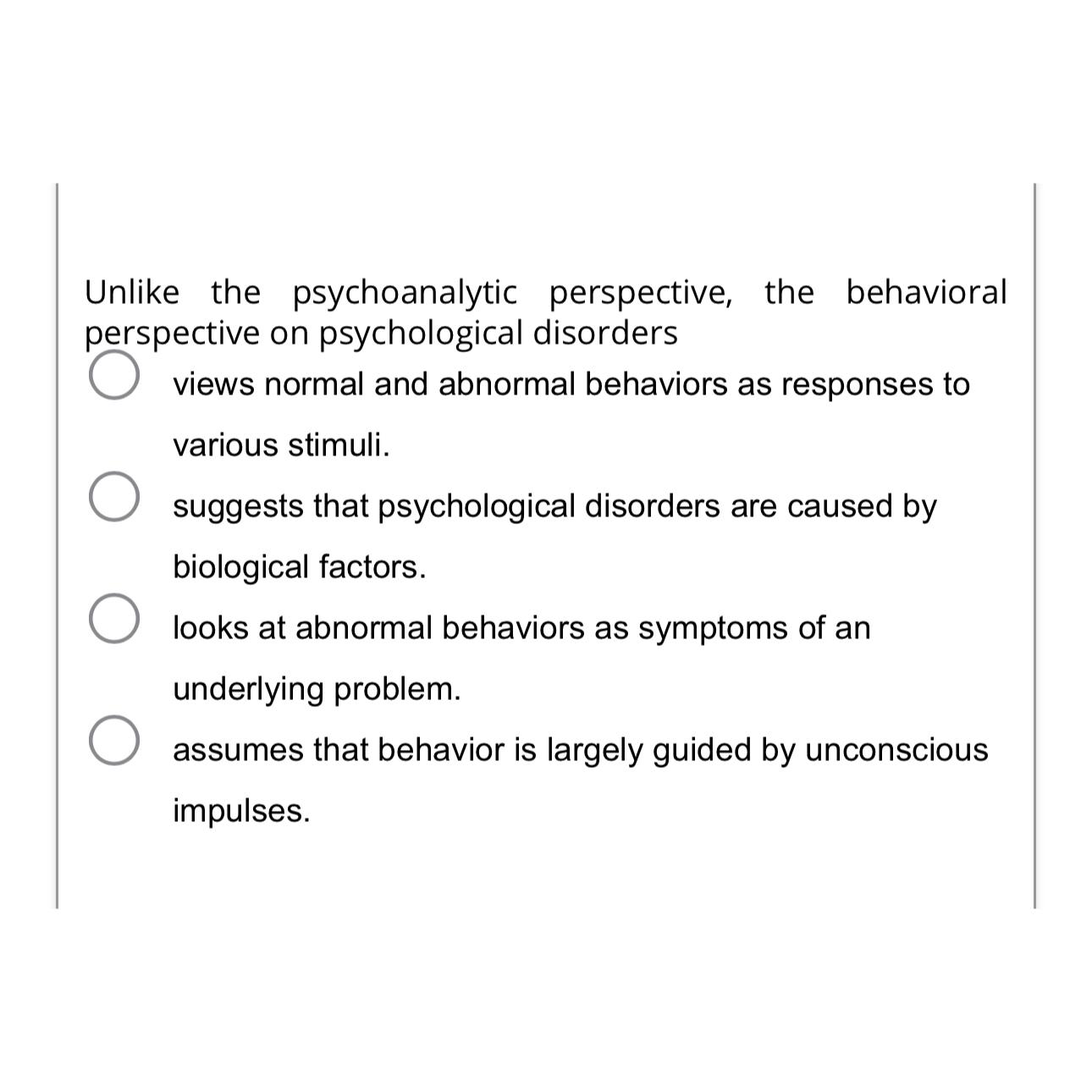 Solved Unlike the psychoanalytic perspective, the behavioral | Chegg.com