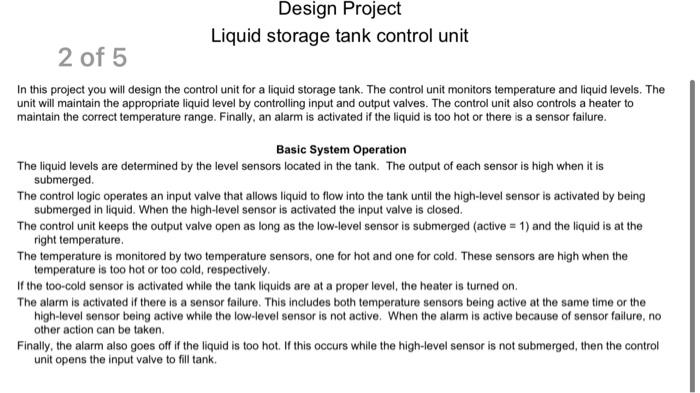 Solved Design Project Liquid storage tank control unit 2 of | Chegg.com