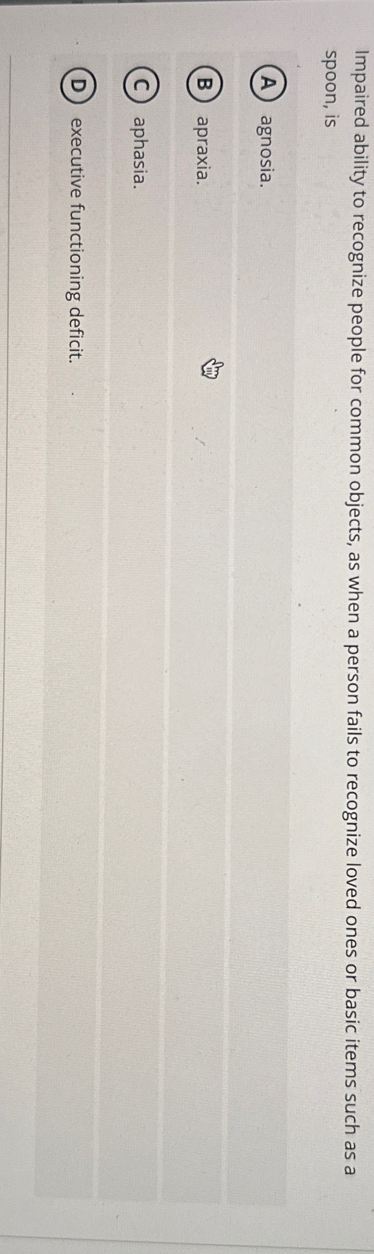 Solved Impaired ability to recognize people for common | Chegg.com