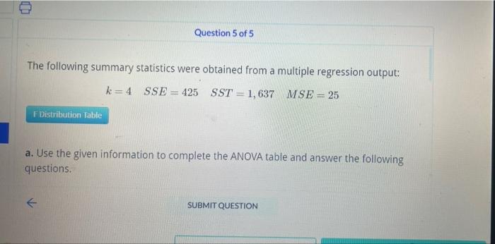 Solved Question 5 Of 5 The Following Summary Statistics Were
