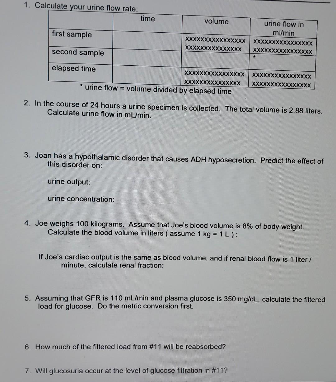 Solved 1. Calculate your urine flow rate: time volume urine | Chegg.com