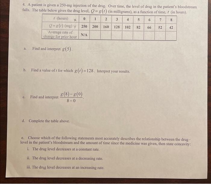 Solved 4. A patient is given a 250−mg injection of the drug. | Chegg.com
