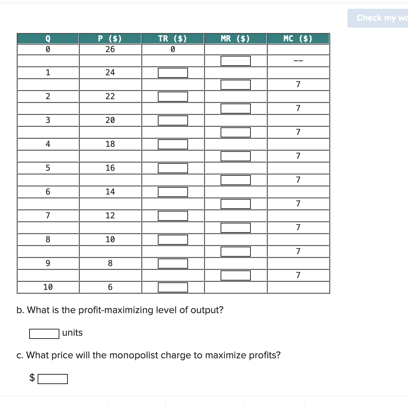 Solved Check my wc\table[[Q,P($),TR ($),MR ($),MC($) | Chegg.com
