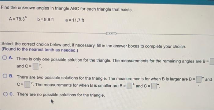 Solved Find the unknown angles in triangle ABC for each | Chegg.com