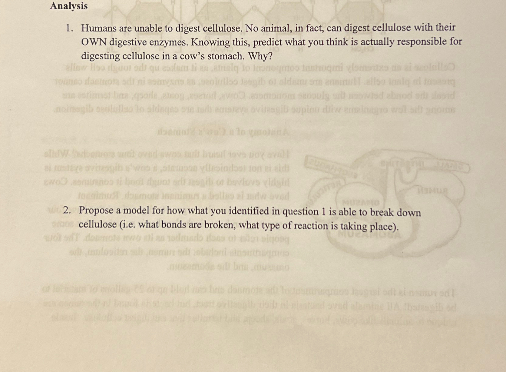 Solved AnalysisHumans are unable to digest cellulose. No | Chegg.com