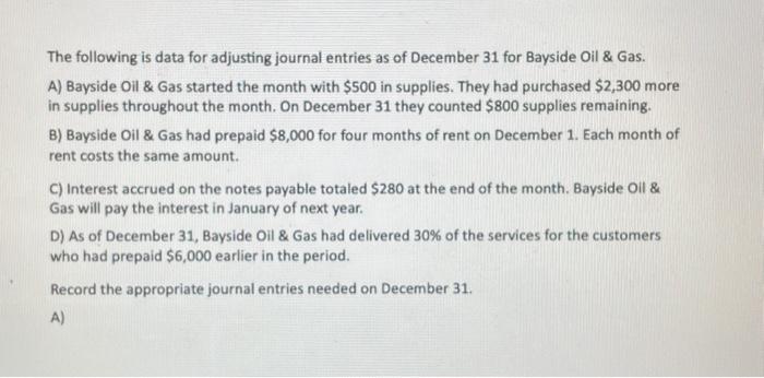 Solved The following is data for adjusting journal entries | Chegg.com