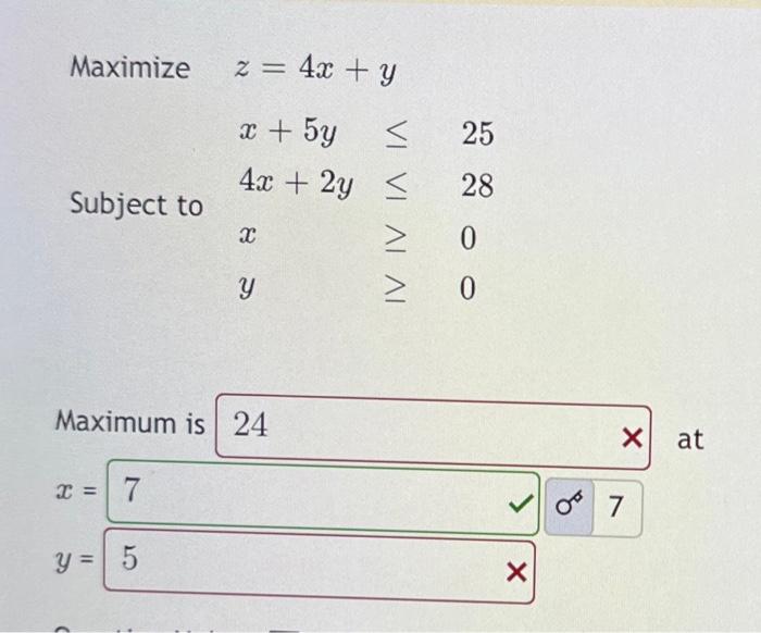 Solved Maximize z=4x+y Subject to x+5y4x+2yxy≤25≤28≥0≥0 | Chegg.com