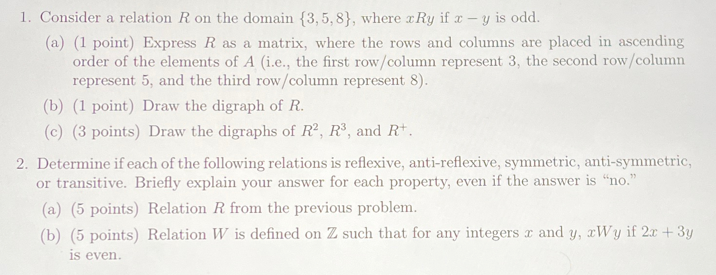 Solved Consider a relation R ﻿on the domain {3,5,8}, ﻿where | Chegg.com