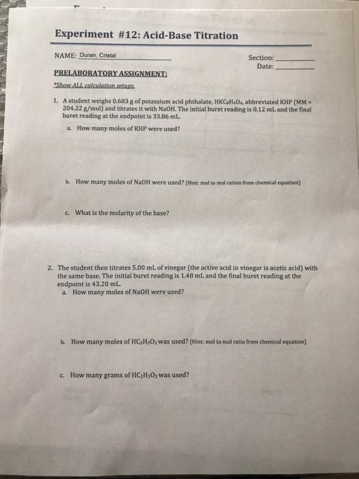 Solved Experiment #12: Acid-Base Titration NAME: Section: | Chegg.com