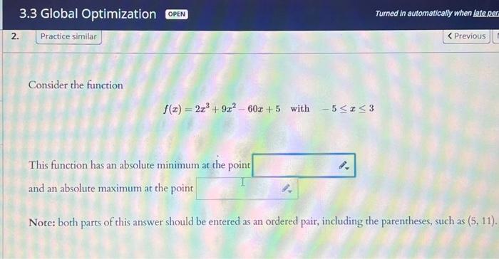 Solved Consider the function f(x)=2x3+9x2−60x+5 with −5≤x≤3 | Chegg.com