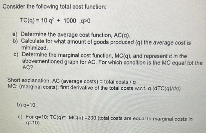 Solved Consider the following total cost function: TC(q) = | Chegg.com