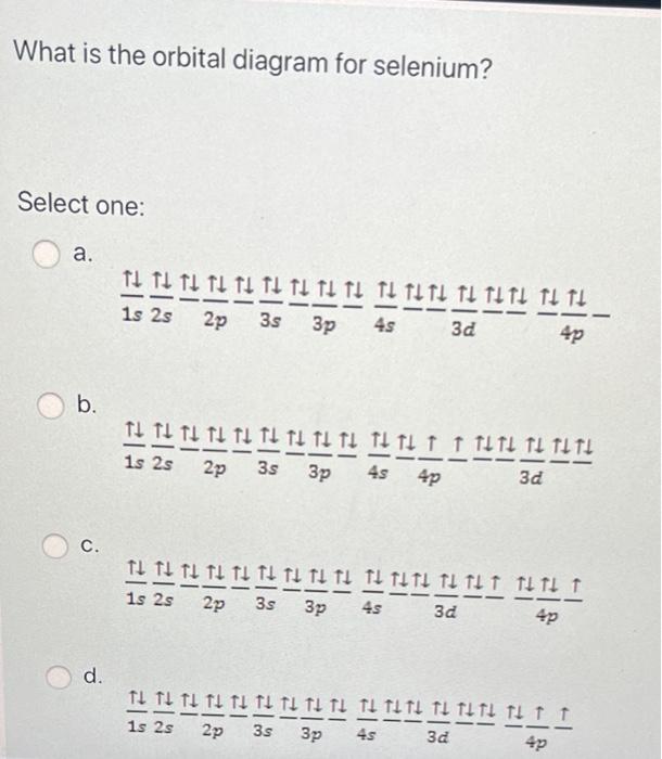 Solved What is the orbital diagram for selenium? Select one: | Chegg.com