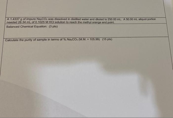 Solved A 1.4337 g of impure Na2CO3 was dissolved in | Chegg.com