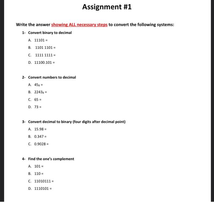 Solved Assignment #1 Write the answer showing ALL necessary | Chegg.com