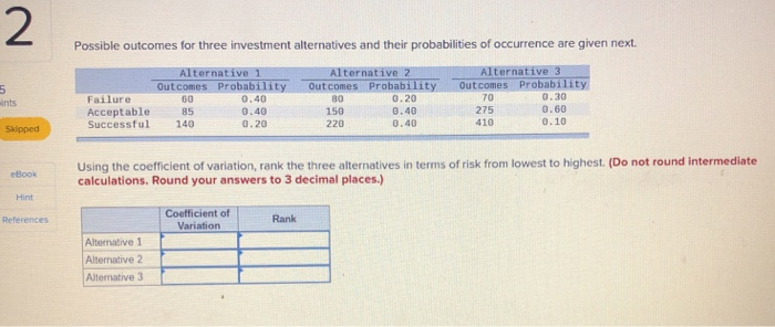 Solved Possible outcomes for three investment alternatives | Chegg.com