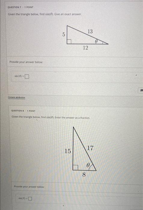 Solved QUESTION POINT Given the triangle below, find sin(), | Chegg.com