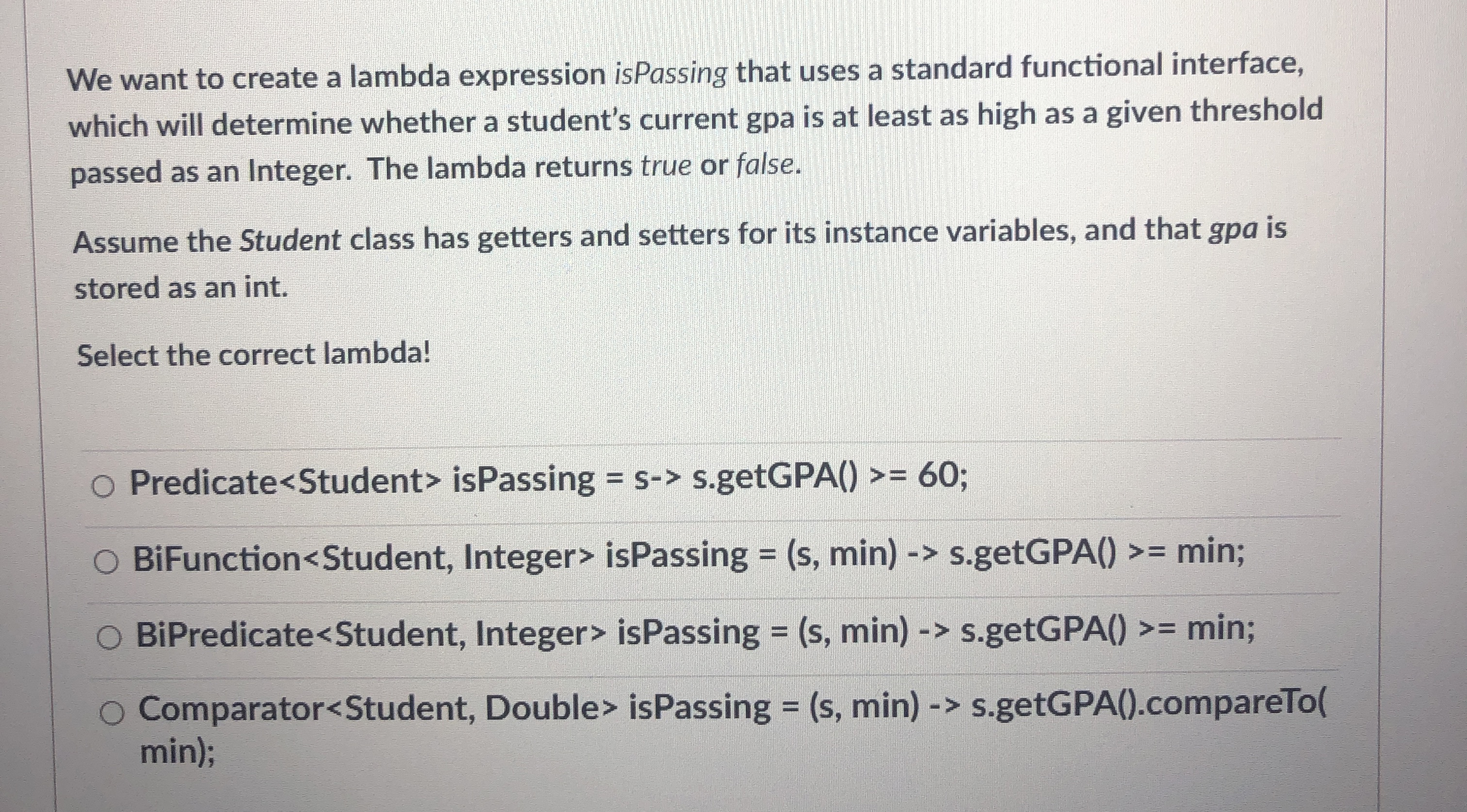 Solved We want to create a lambda expression isPassing that | Chegg.com