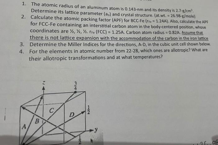 Solved 1. The atomic radius of an aluminum atom is 0.143-nm | Chegg.com