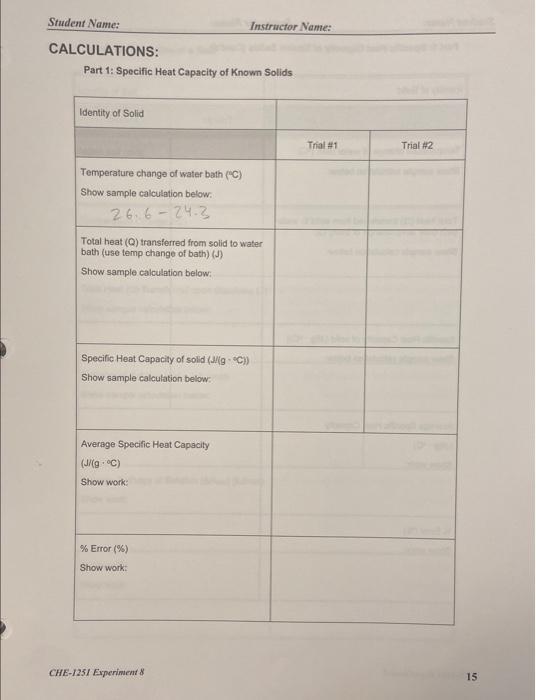 Solved TA (EXP #8): Part 1: Specific Heat Capacity of Known | Chegg.com