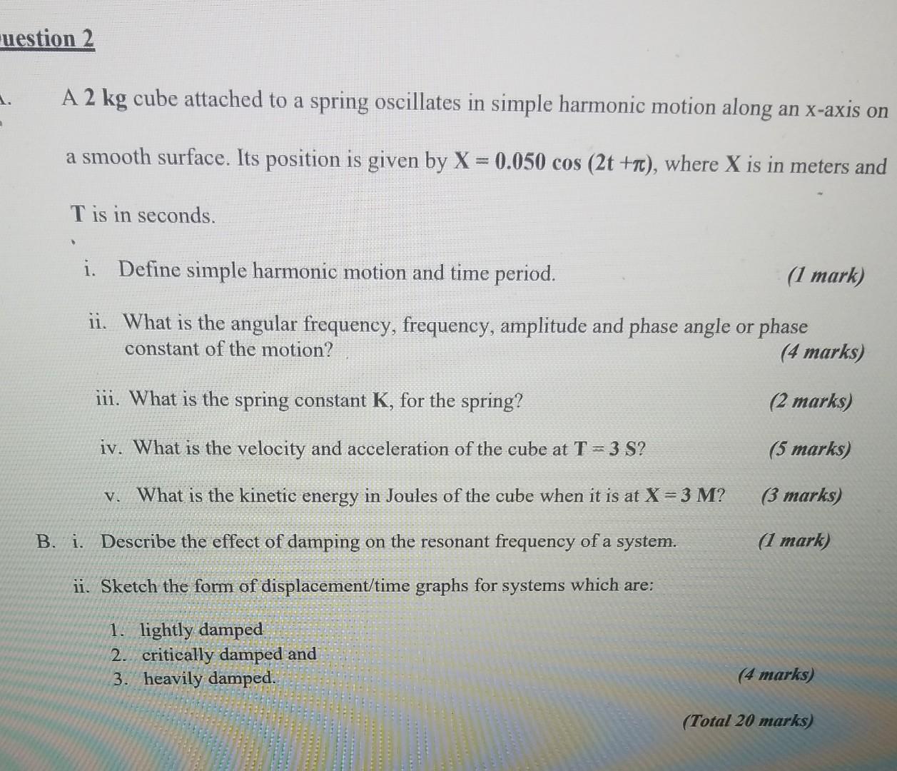 Solved uestion 2 1. A 2 kg cube attached to a spring | Chegg.com