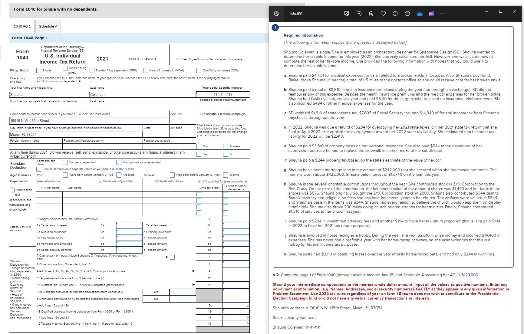 Complete page 1 ﻿of Form 1040 (through taxable | Chegg.com