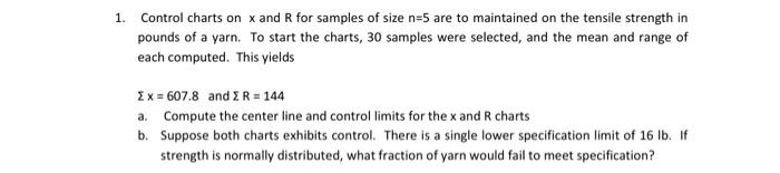 Solved 1. Control charts on x and R for samples of size n=5 | Chegg.com