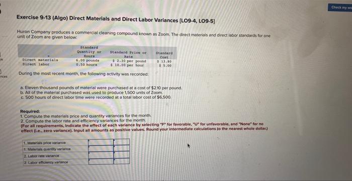 Solved Exercise 9-13 (Algo) Direct Materials and Direct | Chegg.com
