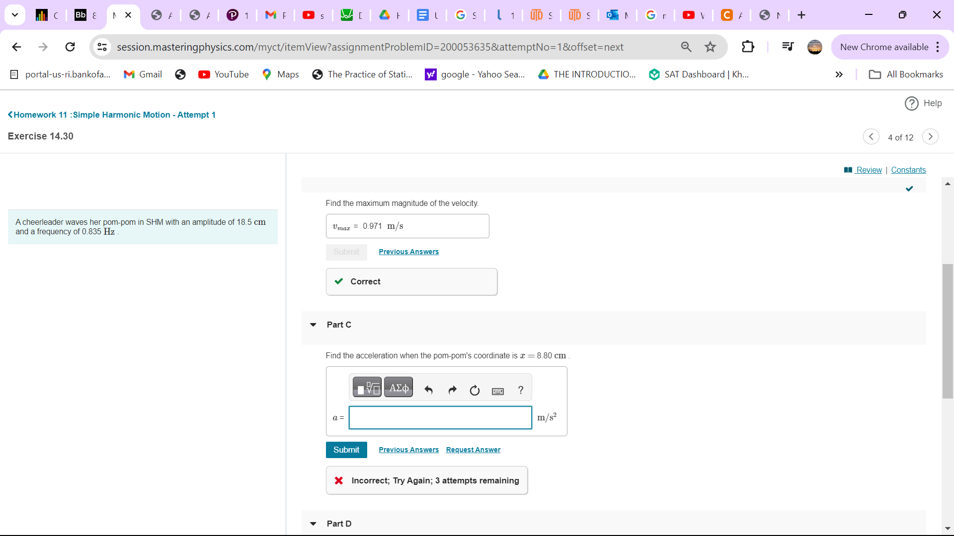 Solved A cheerleader waves her pom-pom in SHM with an | Chegg.com