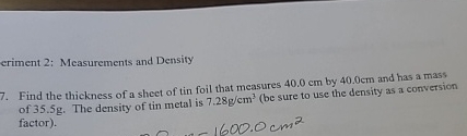 eriment 2: Measurements and DensityFind the thickness | Chegg.com