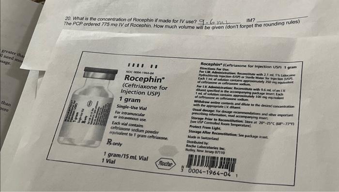 Solved 20. What is the concentration of Rocephin if made for | Chegg.com