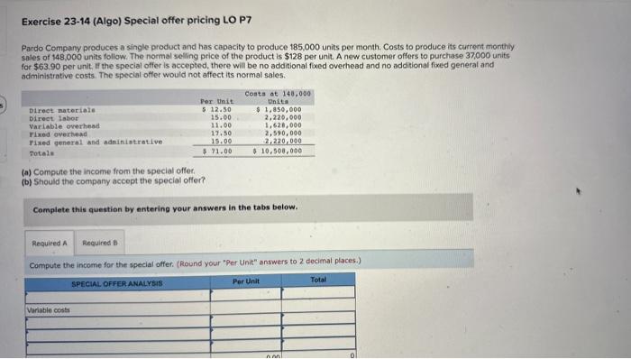 Solved Exercise 23-14 (Algo) Special offer pricing LO P7 | Chegg.com