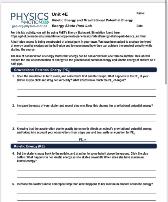 Solved PHYSICS Unit 45 Name: INMOTION>>> Kinetic Energy and | Chegg.com