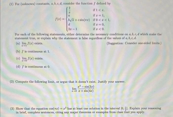 Solved (1) For (unknown) constants, a,b,c,d, consider the | Chegg.com