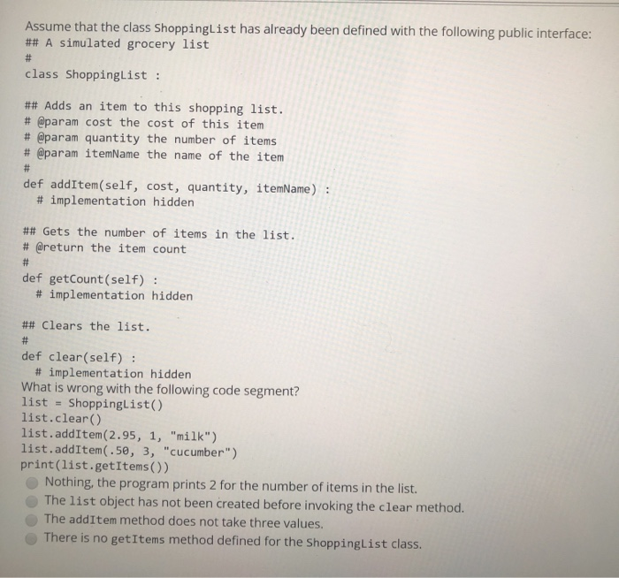Solved Assume that the class ShoppingList has already been | Chegg.com