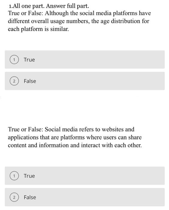 Solved 1.All one part. Answer full part. True or False: | Chegg.com