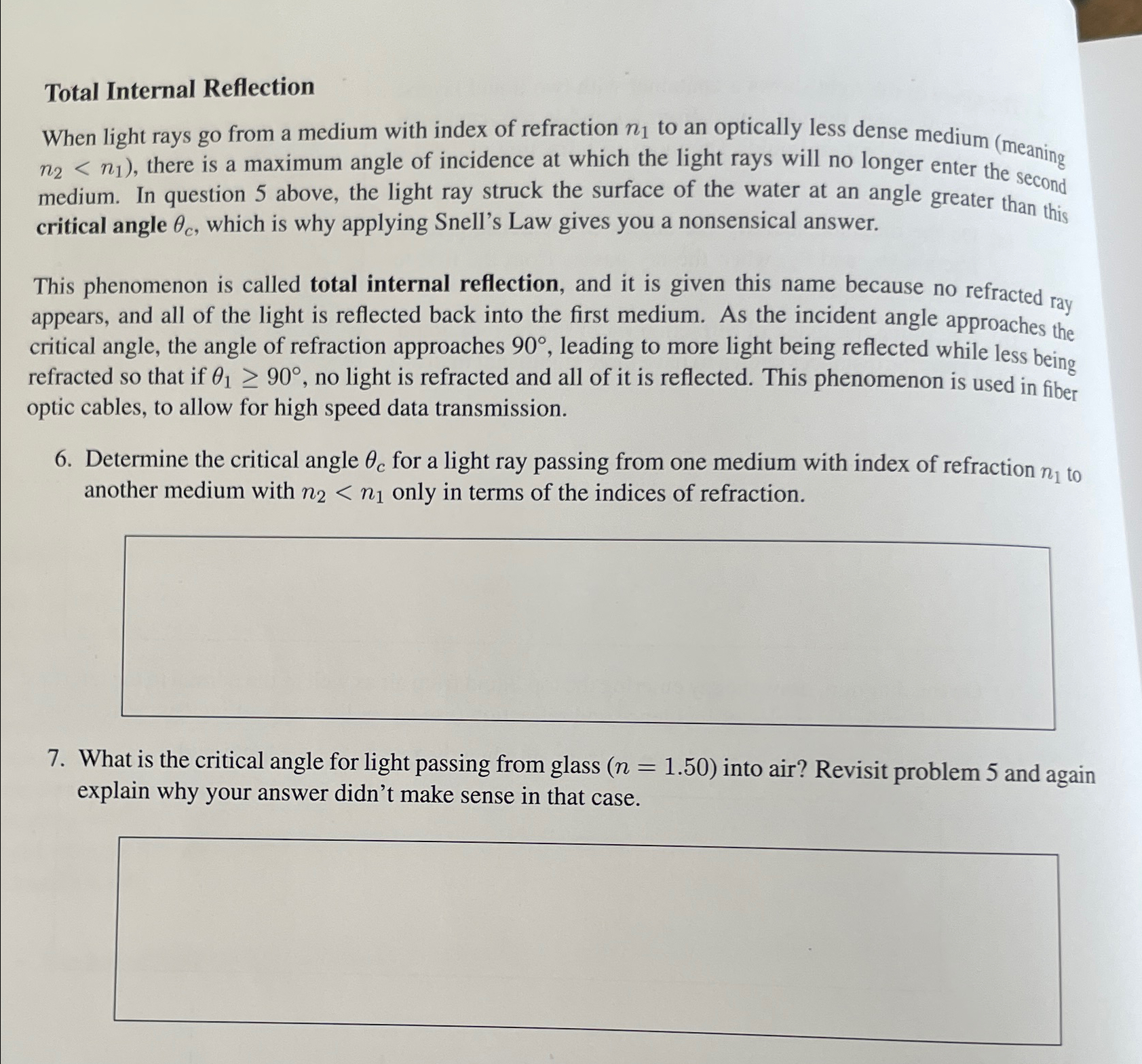 Solved Total Internal ReflectionWhen light rays go from a | Chegg.com