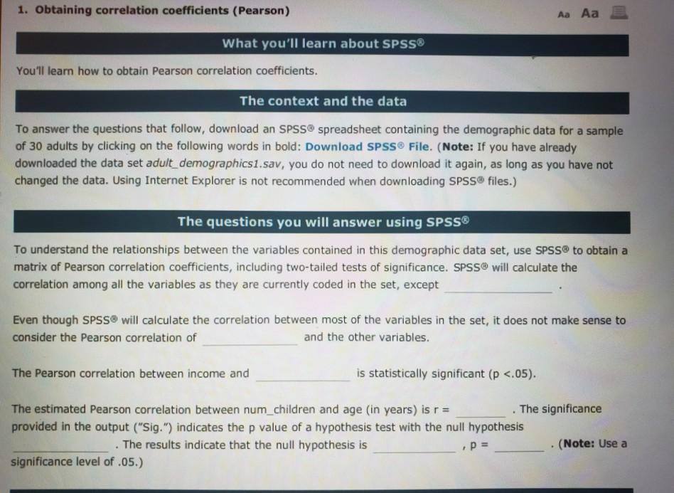 1. Obtaining correlation coefficients (Pearson) Aa Aa | Chegg.com 1. Obtaining correlation coefficients (Pearson) Aa Aa | Chegg.com