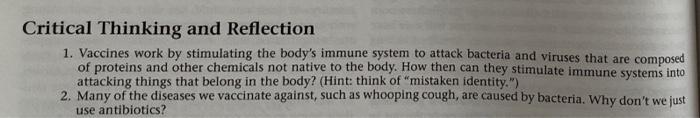 Solved Critical Thinking and Reflection 1. Vaccines work by | Chegg.com
