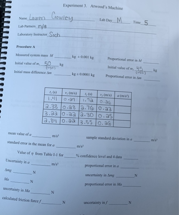 Solved Experiment 3. Atwood's Machine Name Lauren Crowley | Chegg.com