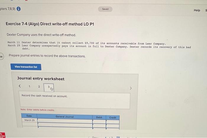 Solved Help Save Exercise 7-4 (Algo) Direct write-off method | Chegg.com