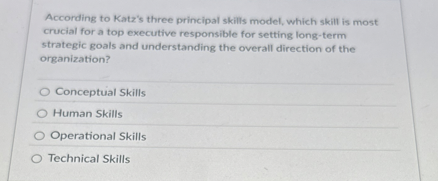 Solved According to Katz's three principal skills model, | Chegg.com