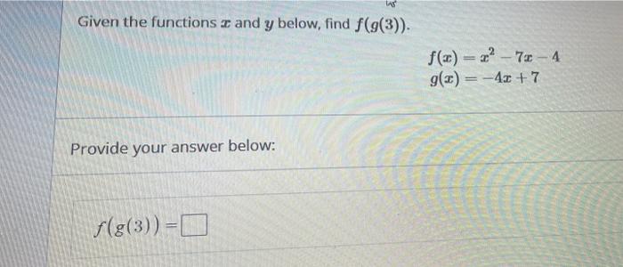 Solved IAS Given the functions 2 and y below, find f(g(3)). | Chegg.com