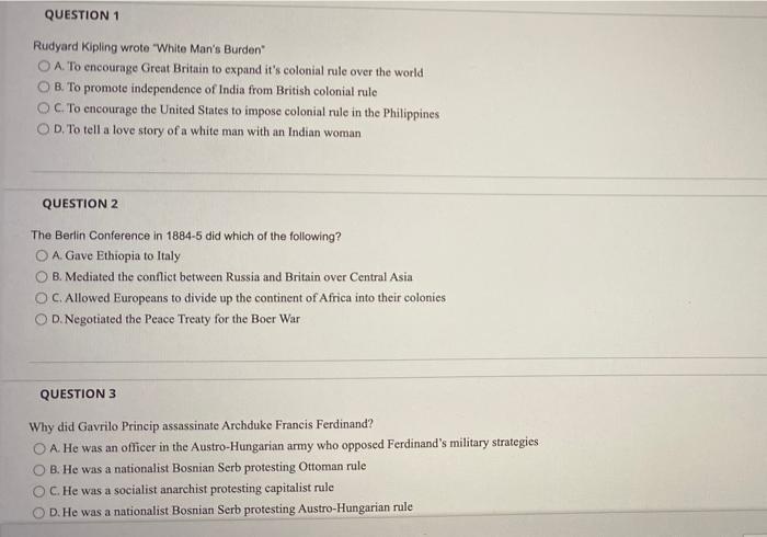 Solved QUESTION 1 Rudyard Kipling wrote "White Man's Burden" | Chegg.com