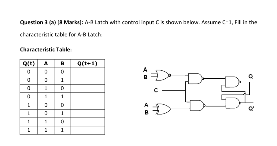 Solved Question 3 (a) [8 ﻿Marks]: A-B Latch with control | Chegg.com