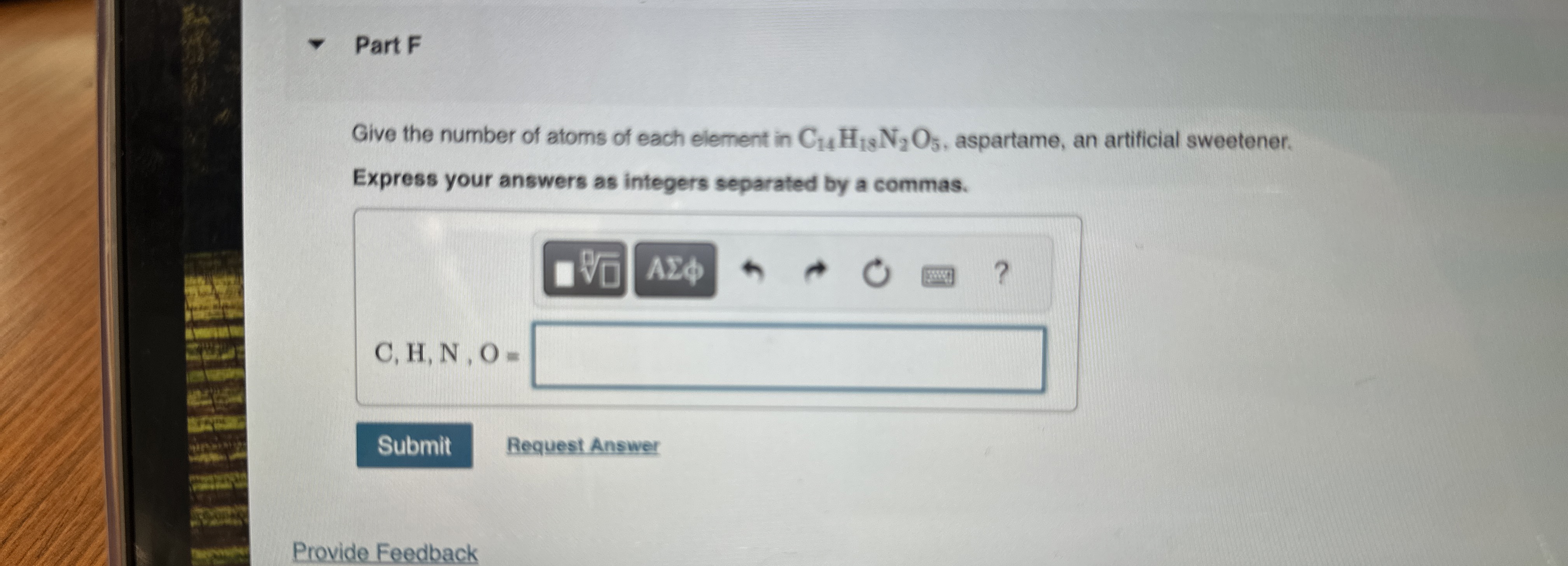 Part FGive the number of atoms of each element in | Chegg.com