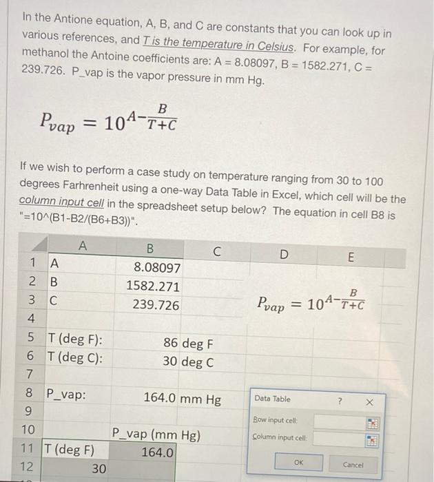 Solved In the Antione equation, A, B, and C are constants | Chegg.com