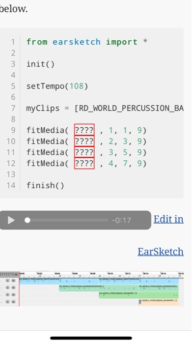 below. from earsketch import * m init() setTempo(108) | Chegg.com