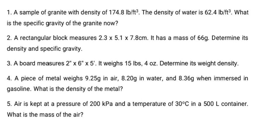 Solved 1. A sample of granite with density of 174.8 lb/ft?. | Chegg.com