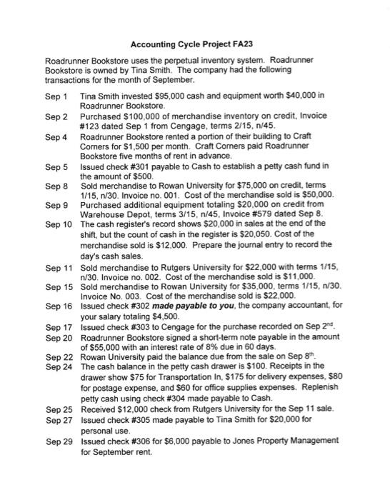 Solved Accounting Cycle Project FA23 Roadrunner Bookstore | Chegg.com
