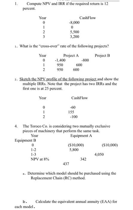 Solved 1. Compute NPV and IRR if the required return is 12 | Chegg.com